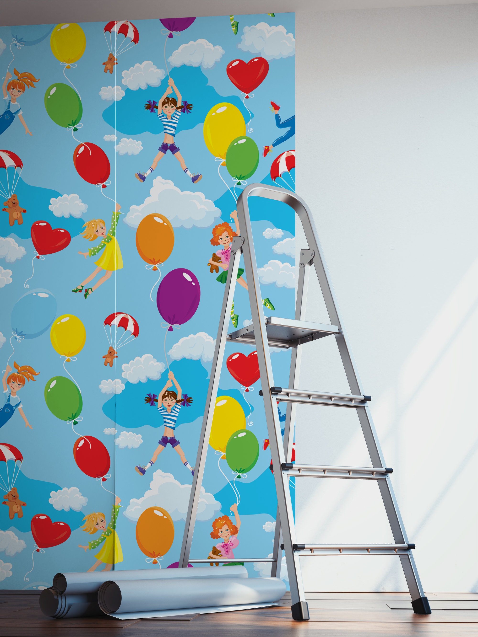 Blue Abstract Wallpaper With Girls and Balloons for Kids | Etsy