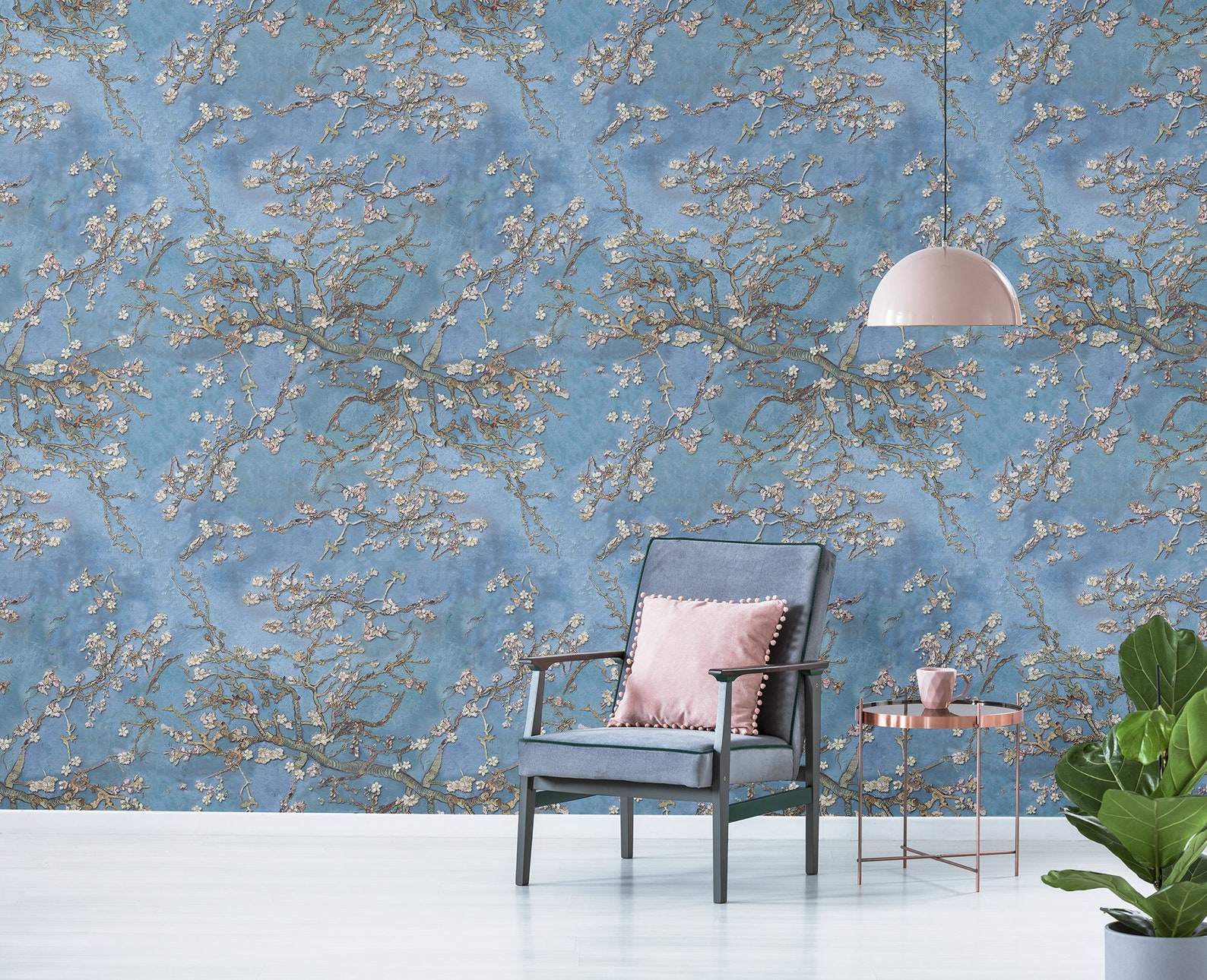 Blue Wallpaper With Blooming Cherry Flowers, Self Adhesive, Peel and ...