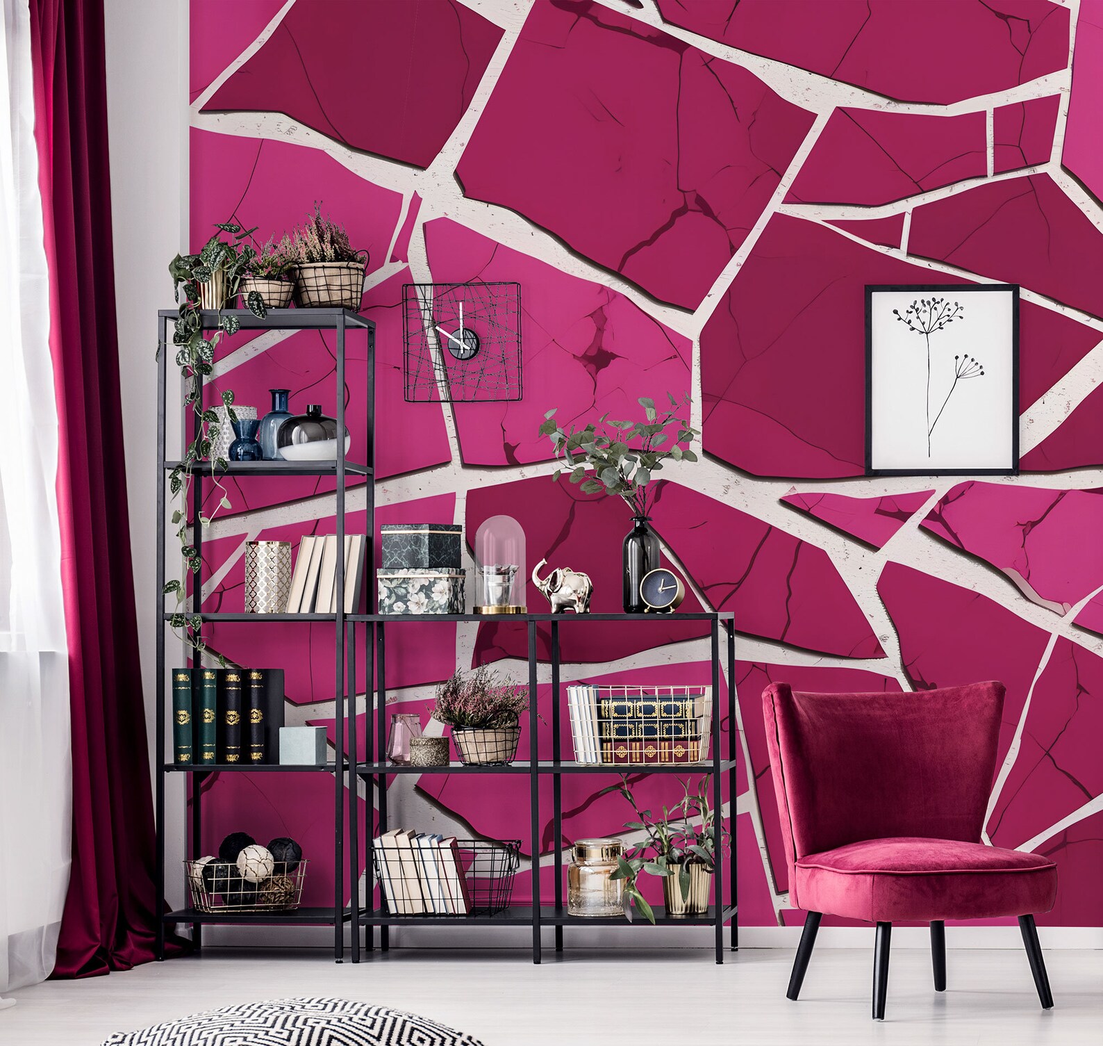 Magenta Cracked Tiles Wallpaper, Big Terrazzo Pattern, Abstract Stone ...