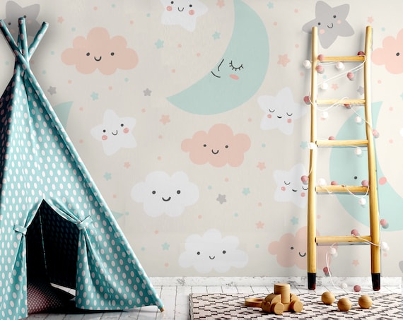Sky Pattern Wallpaper With Colorful Clouds Stars and Moons - Etsy