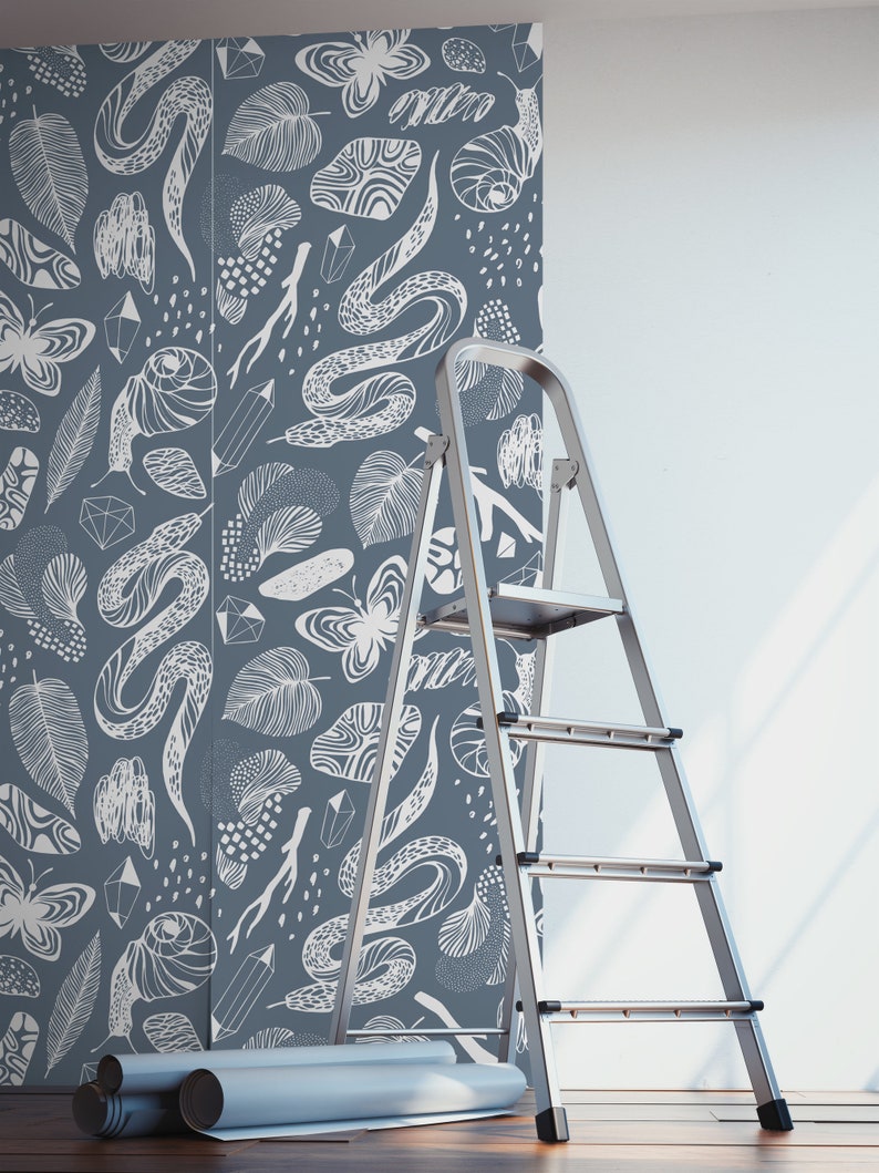 Gray-blue Wallpaper With White Nature Themed Patterns for - Etsy
