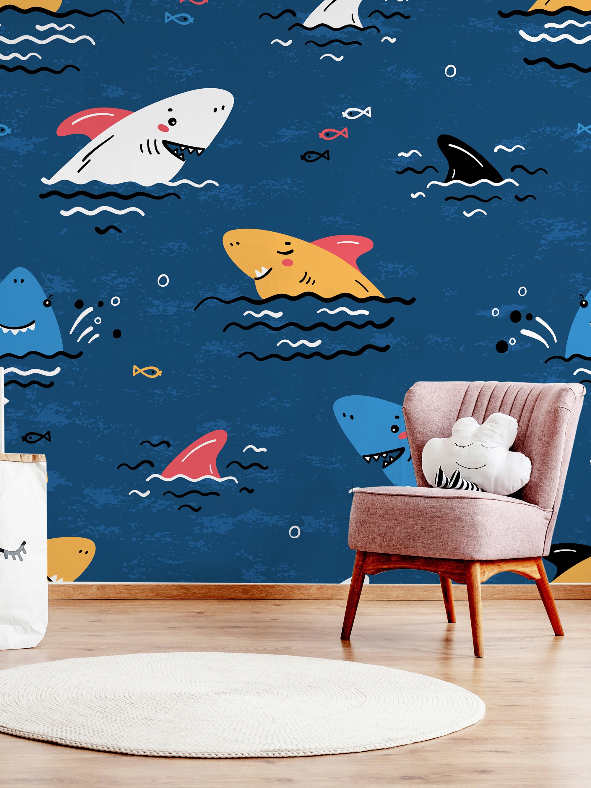 Ocean Full of Funny Sharks Cartoon Wallpaper for Kids - Etsy