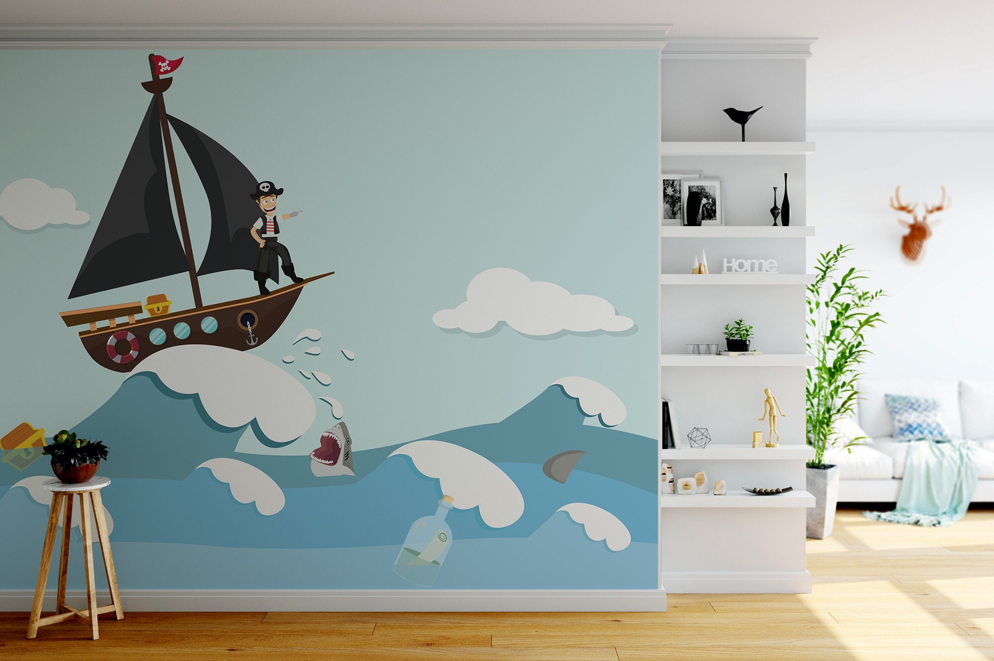 Cartoon Wallpaper With Pirate Ship on Sea || for Kids, Self Adhesive ...