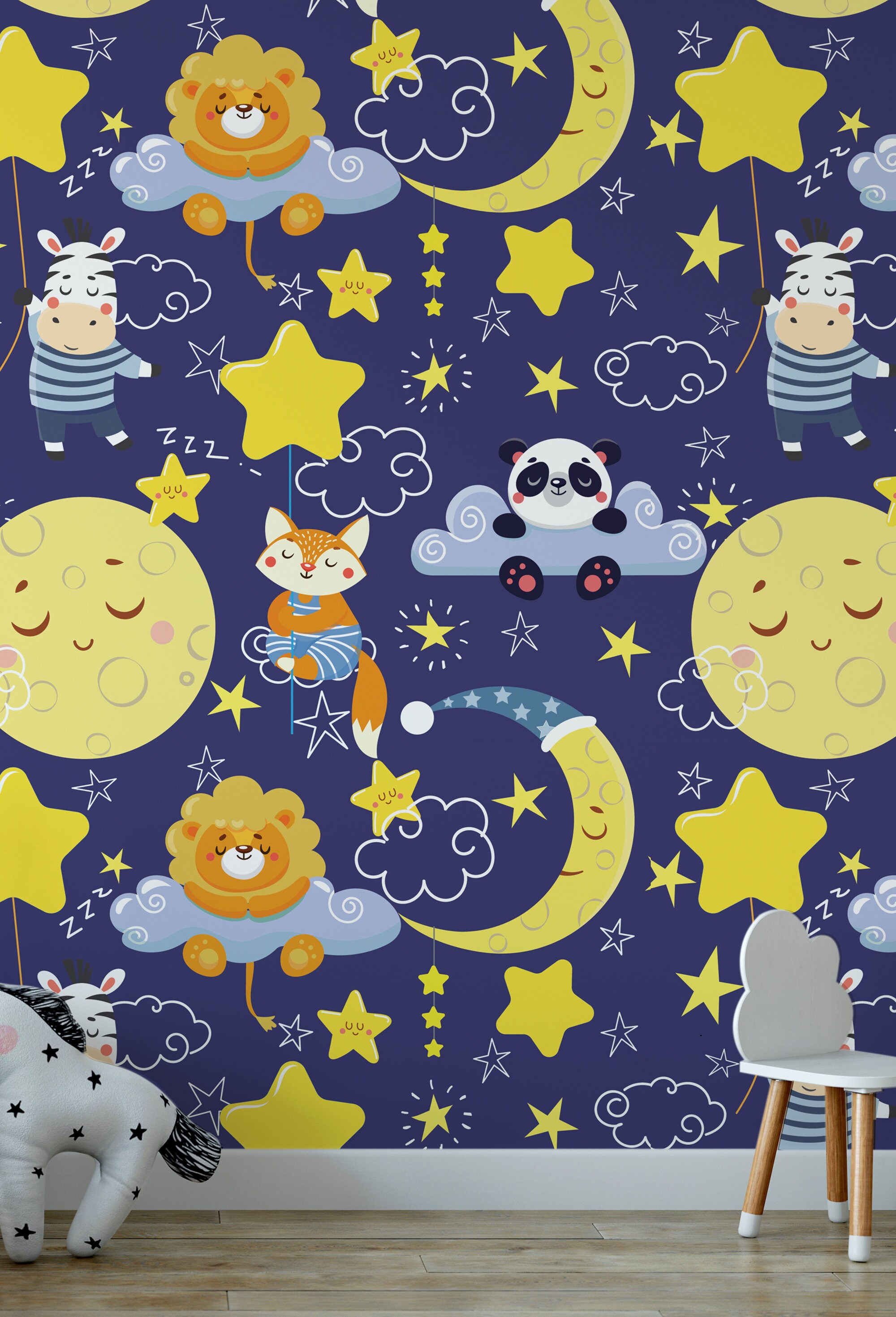 Night Wallpaper With Moon Stars and Sleepy Animals for Kids - Etsy