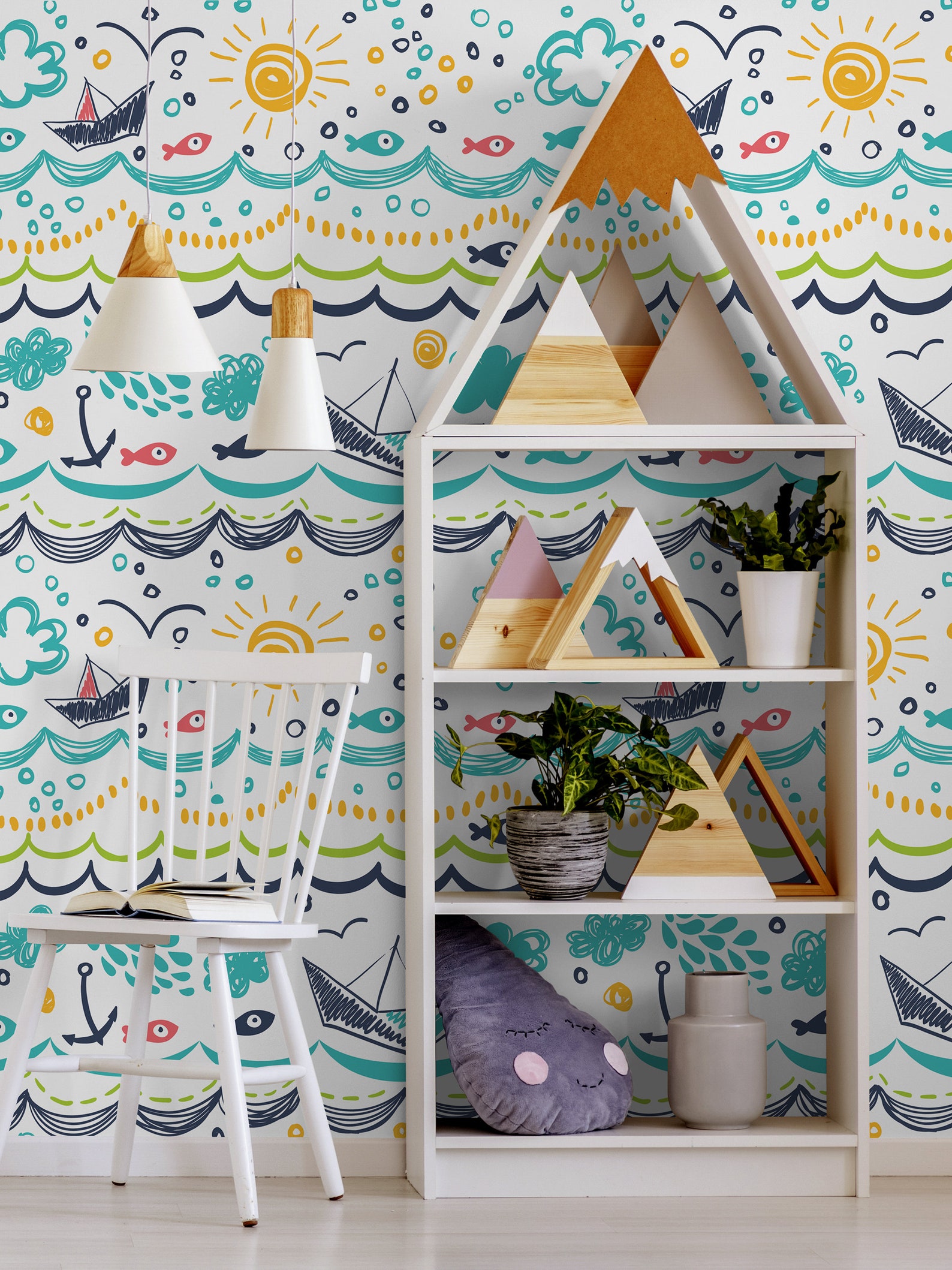 Cartoon Marine Wallpaper With Ships and Fishes, for Kids, Self Adhesive ...