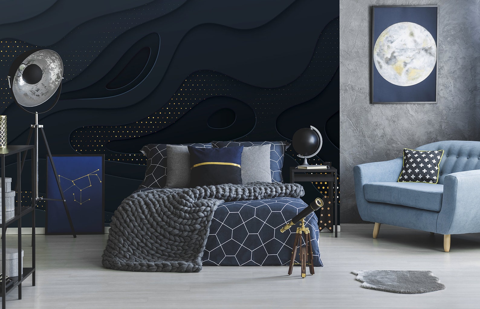 Navy Abstract Wallpaper With Dots, Self Adhesive, Peel and Stick Wall ...