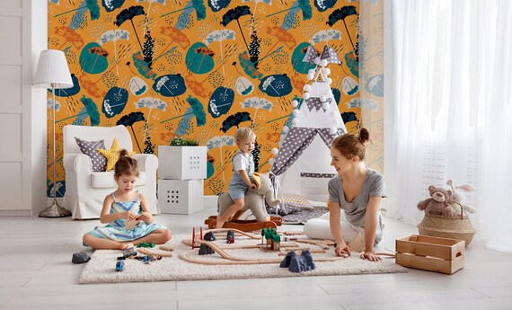 Orange Wallpaper With Colorful Abstract Flowers for Kids | Etsy