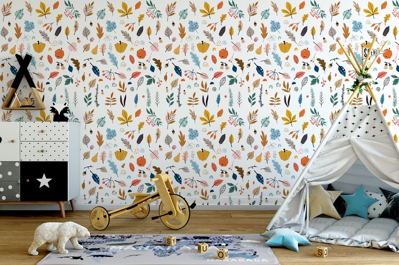 Colorful Wallpaper With Autumn Leaves for Kids Self - Etsy