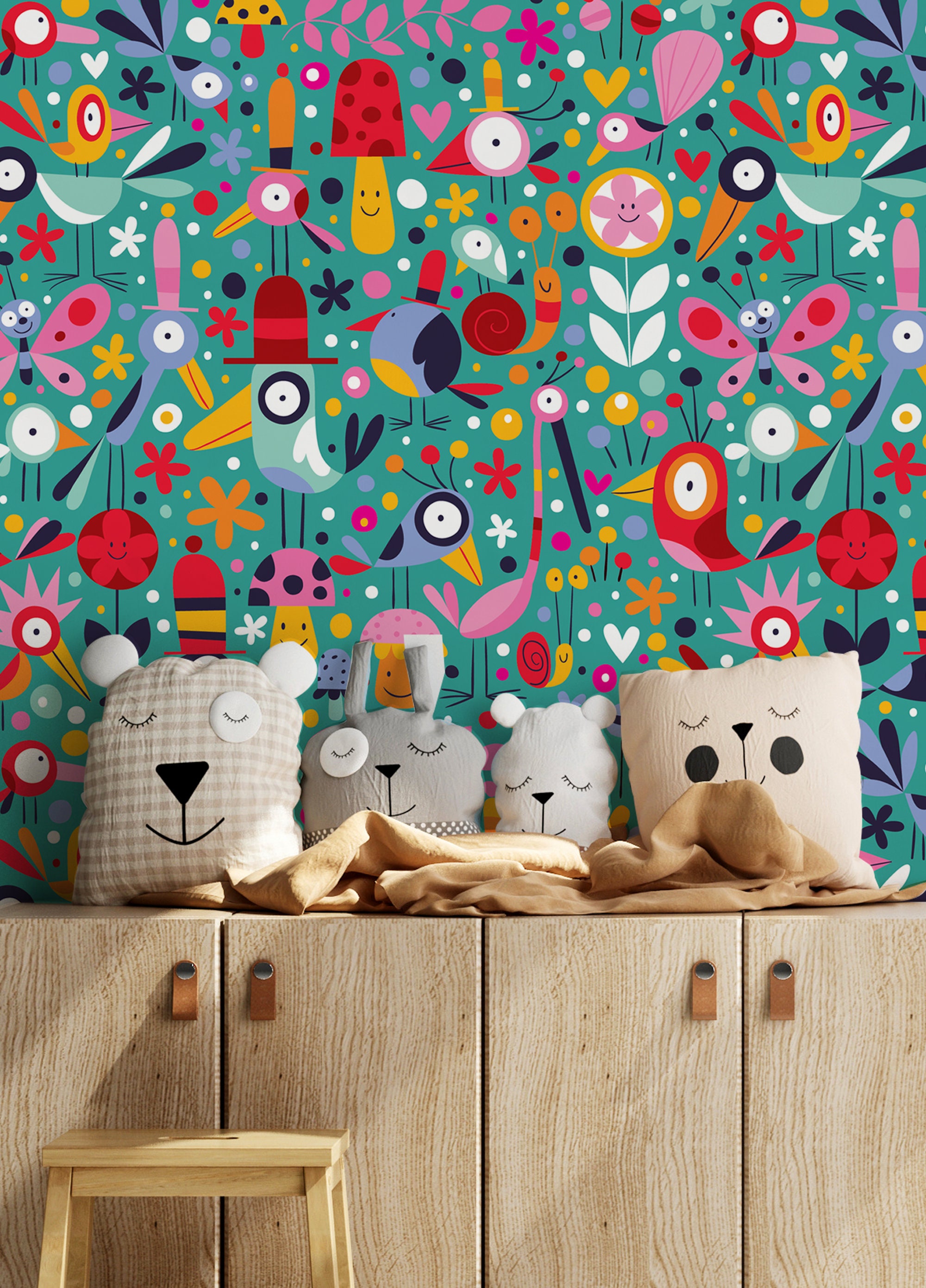 Colorful Wallpaper With Birds and Mushrooms for Kids Self | Etsy