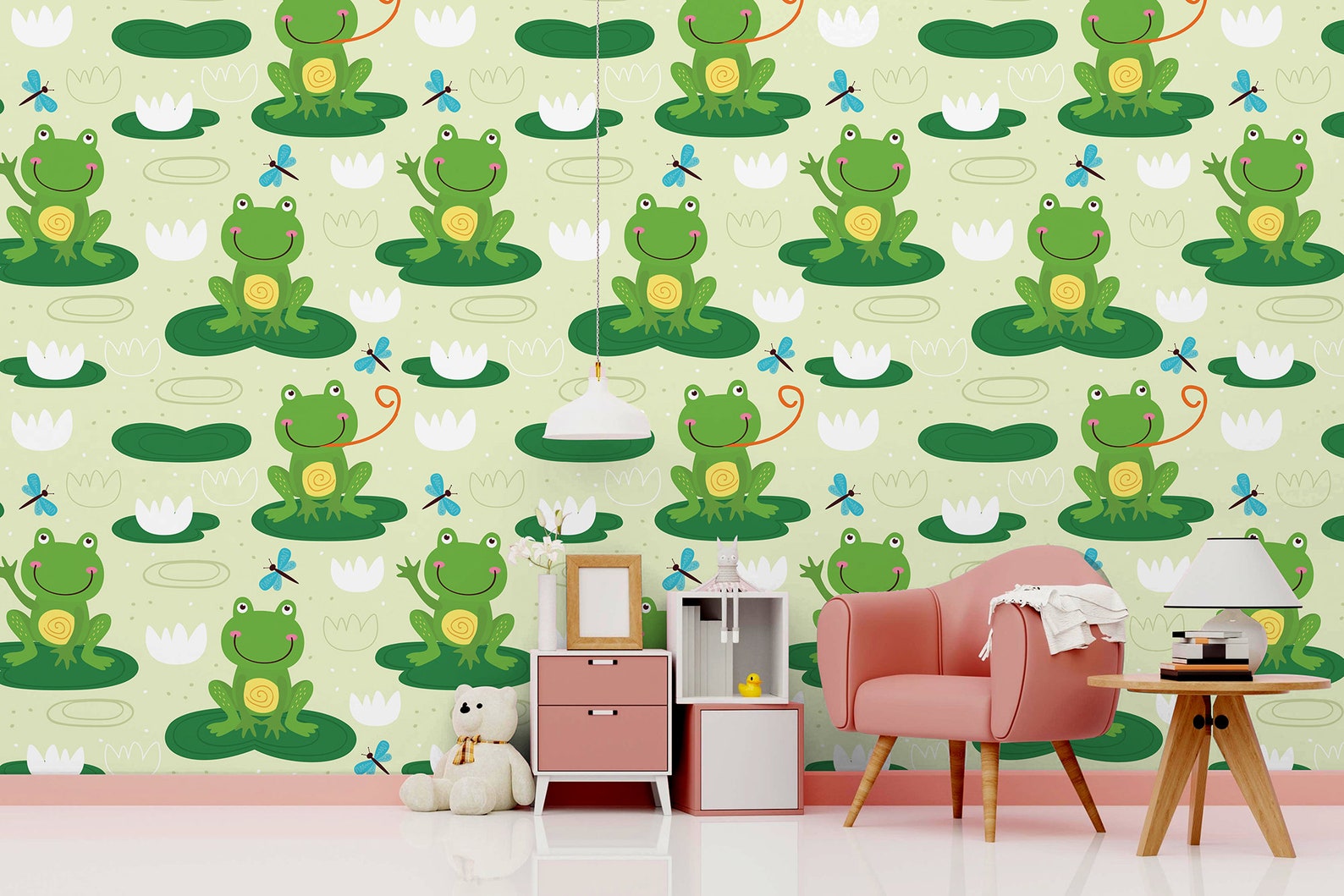 Green Wallpaper With Cartoon Frog Pattern for Kids Self | Etsy