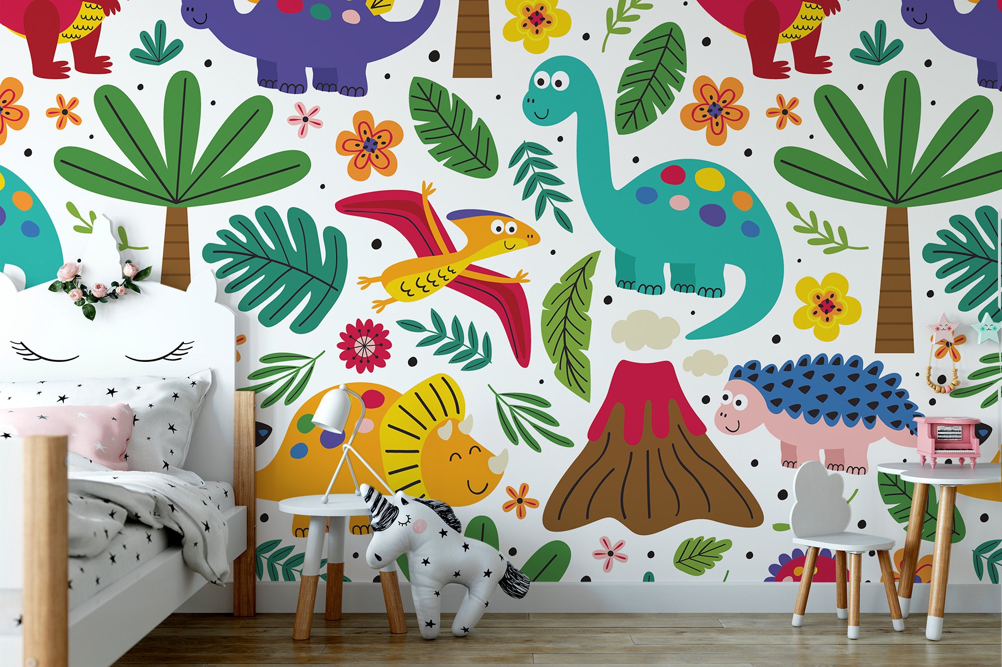 Colorful Cartoon Dinosaur Pattern Wallpaper for Kids Self - Etsy
