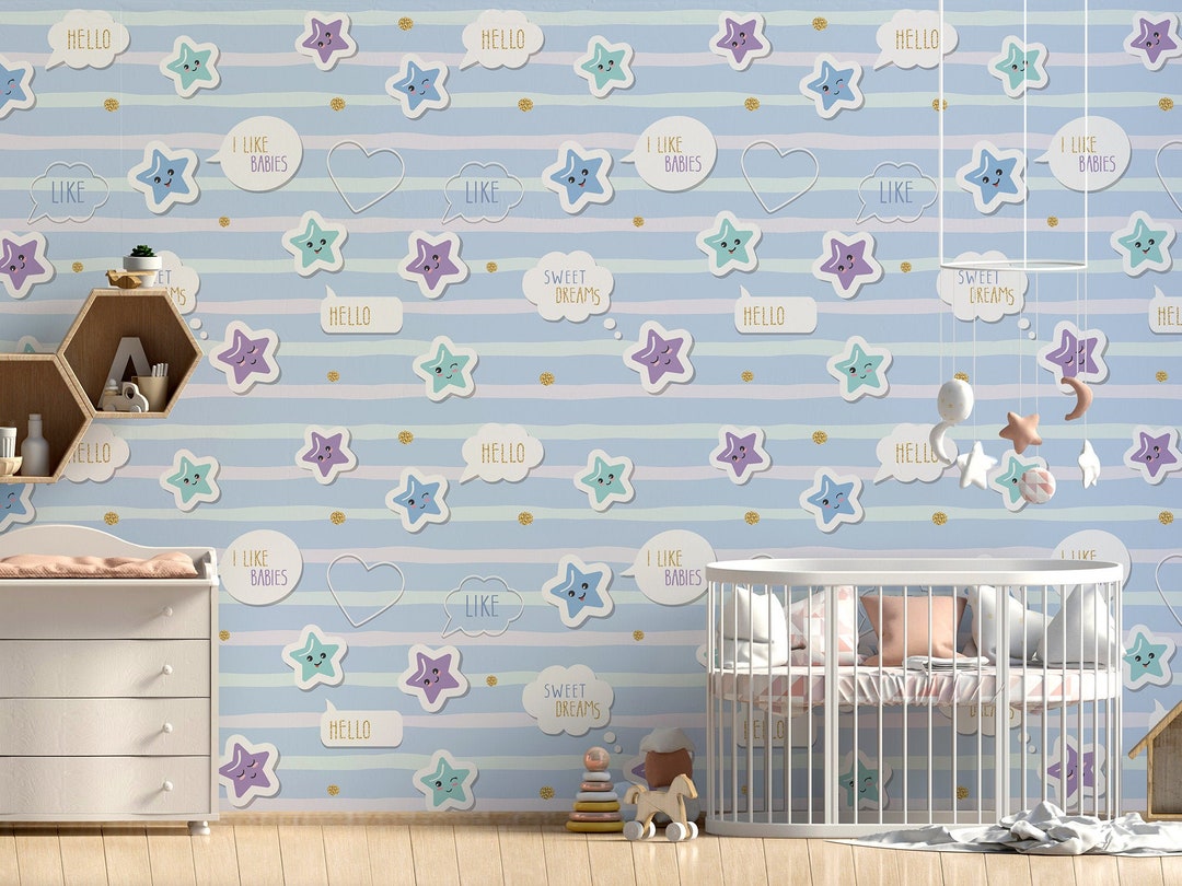 Baby Blue Wallpaper With Star and Linear Pattern || for Kids, Nursery ...
