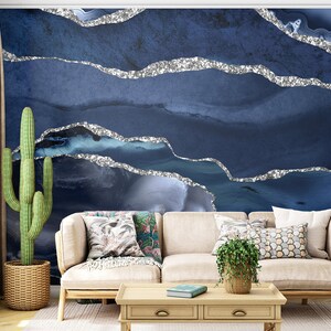 Navy and Silver Matte Agate Surface Wallpaper, Dark Stone Mural (no ...