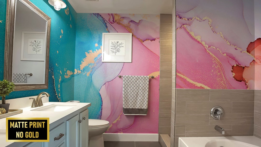 Aqua Blue & Pink Watercolor Marble Abstract Wallpaper • Peel and Stick ...