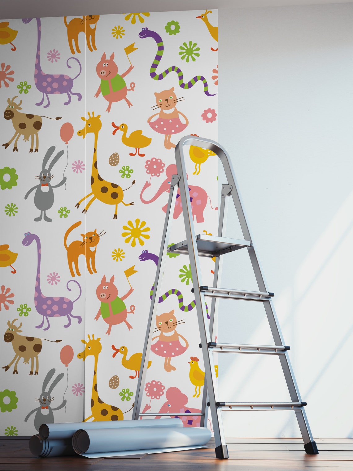 Colorful Funny Cartoon Animal Pattern Wallpaper for Kids - Etsy
