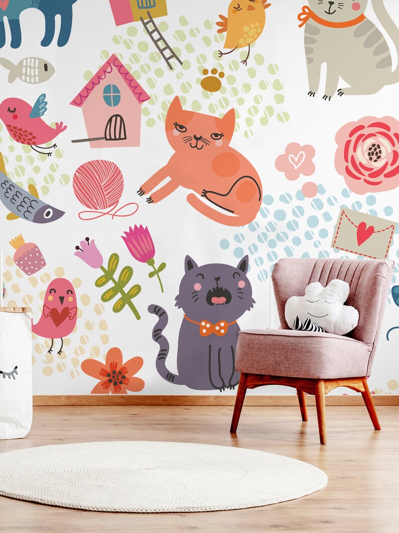 Colorful wallpaper with cat pattern For Kids self | Etsy
