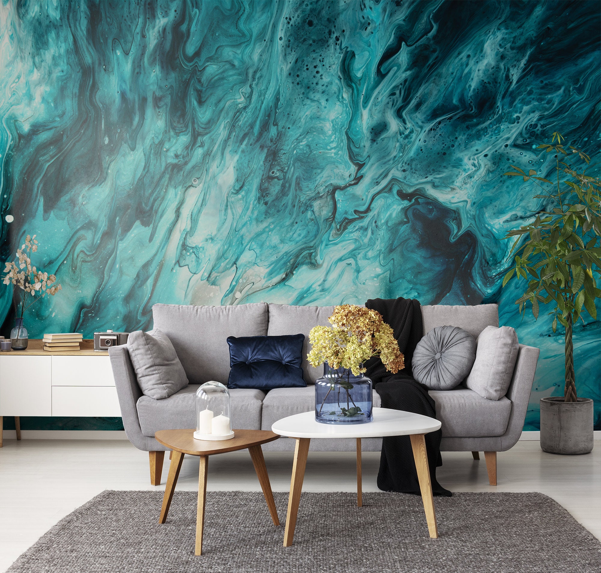 Teal Acrylic Art Wallpaper Abstract Marbled Wavy Pattern - Etsy