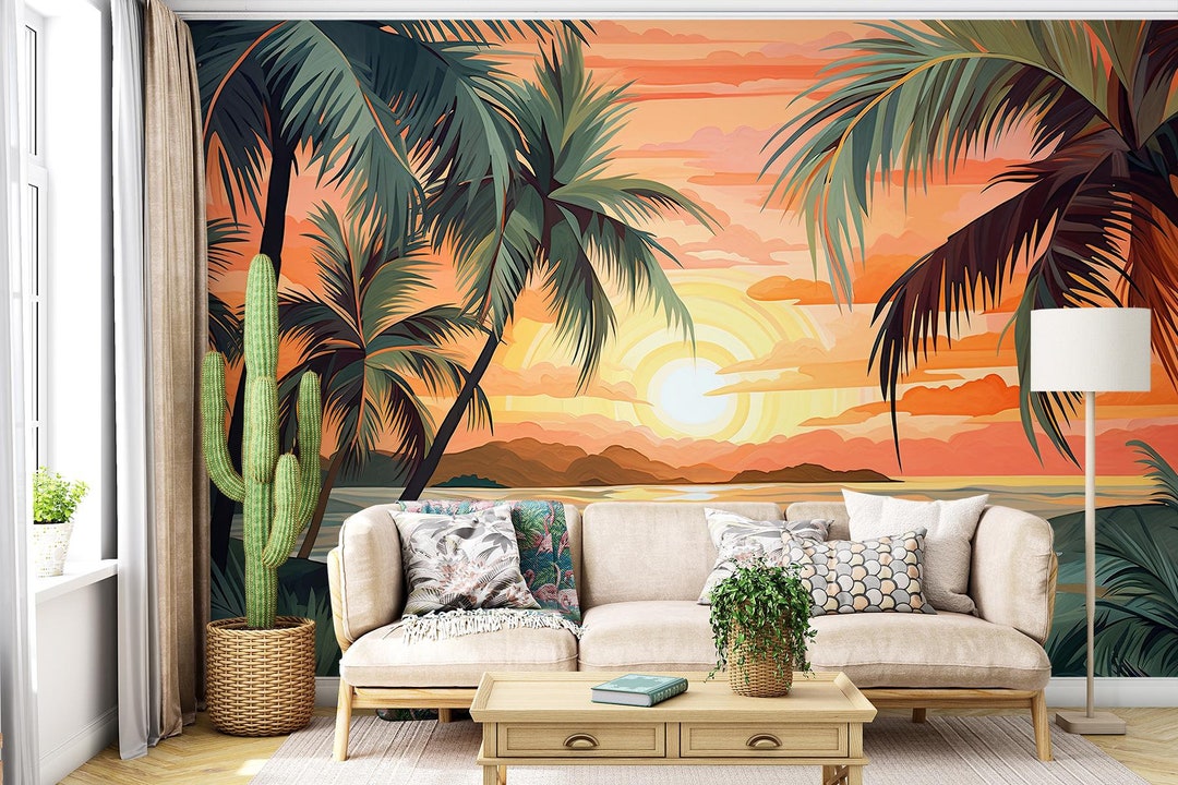 Palm Tree Sunset Wallpaper, Wave Mountain Landscape Wall Mural • Peel ...
