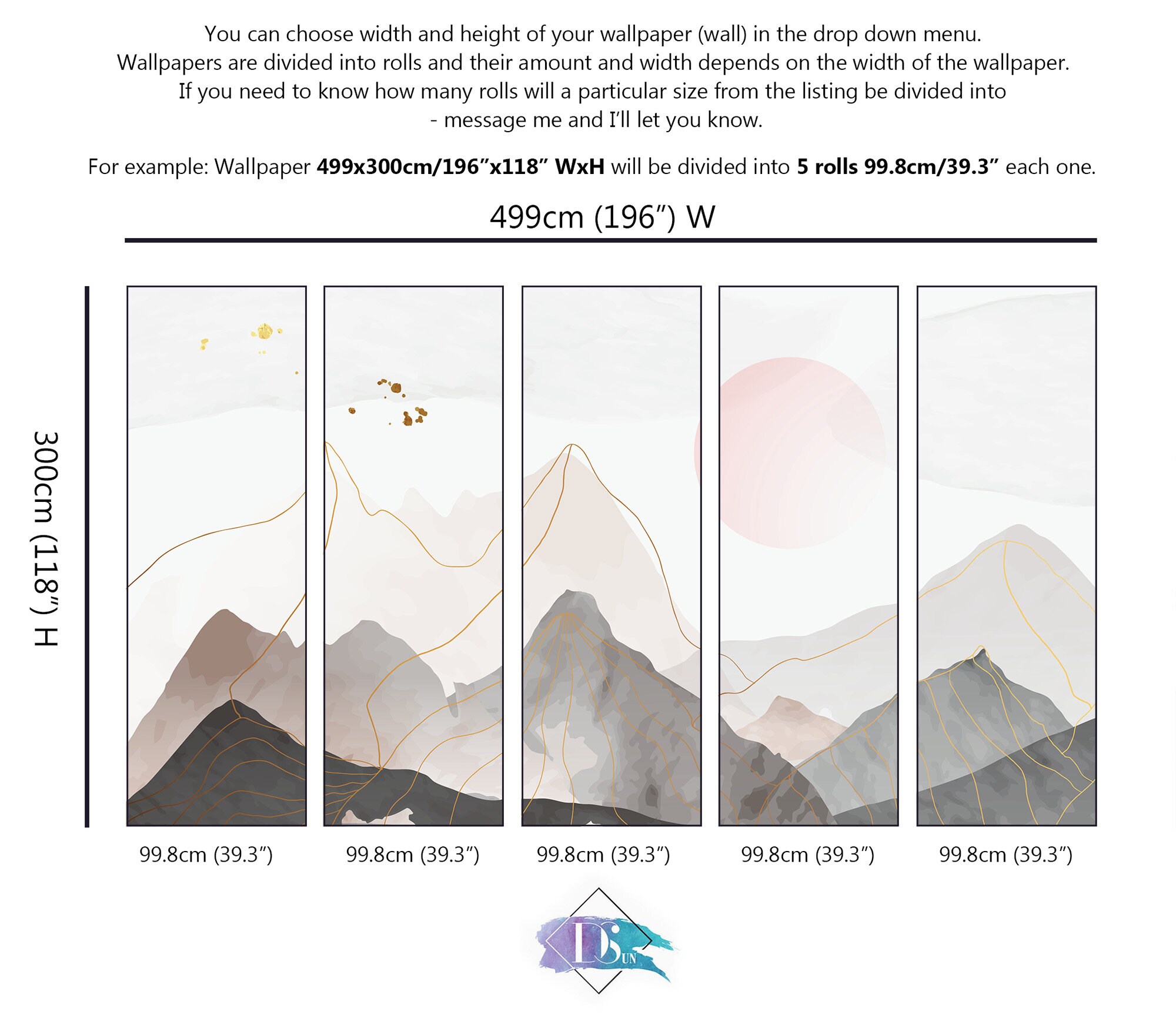 Abstract Mountain Landscape Wallpaper, Sun Motive, Yellow Accent • Peel ...