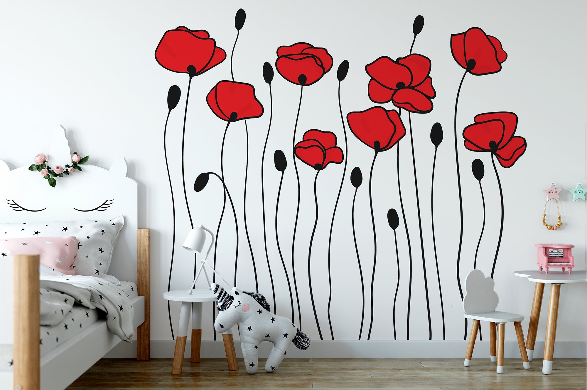 White Wallpaper With Poppy Flowers || for Kids, Self Adhesive, Peel and ...