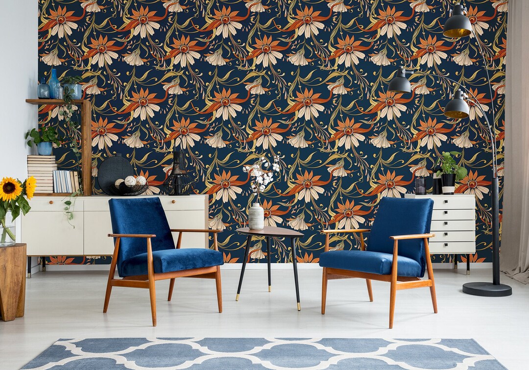 Blue Wallpaper With Elegant Orange Floral Pattern, Self Adhesive, Peel ...