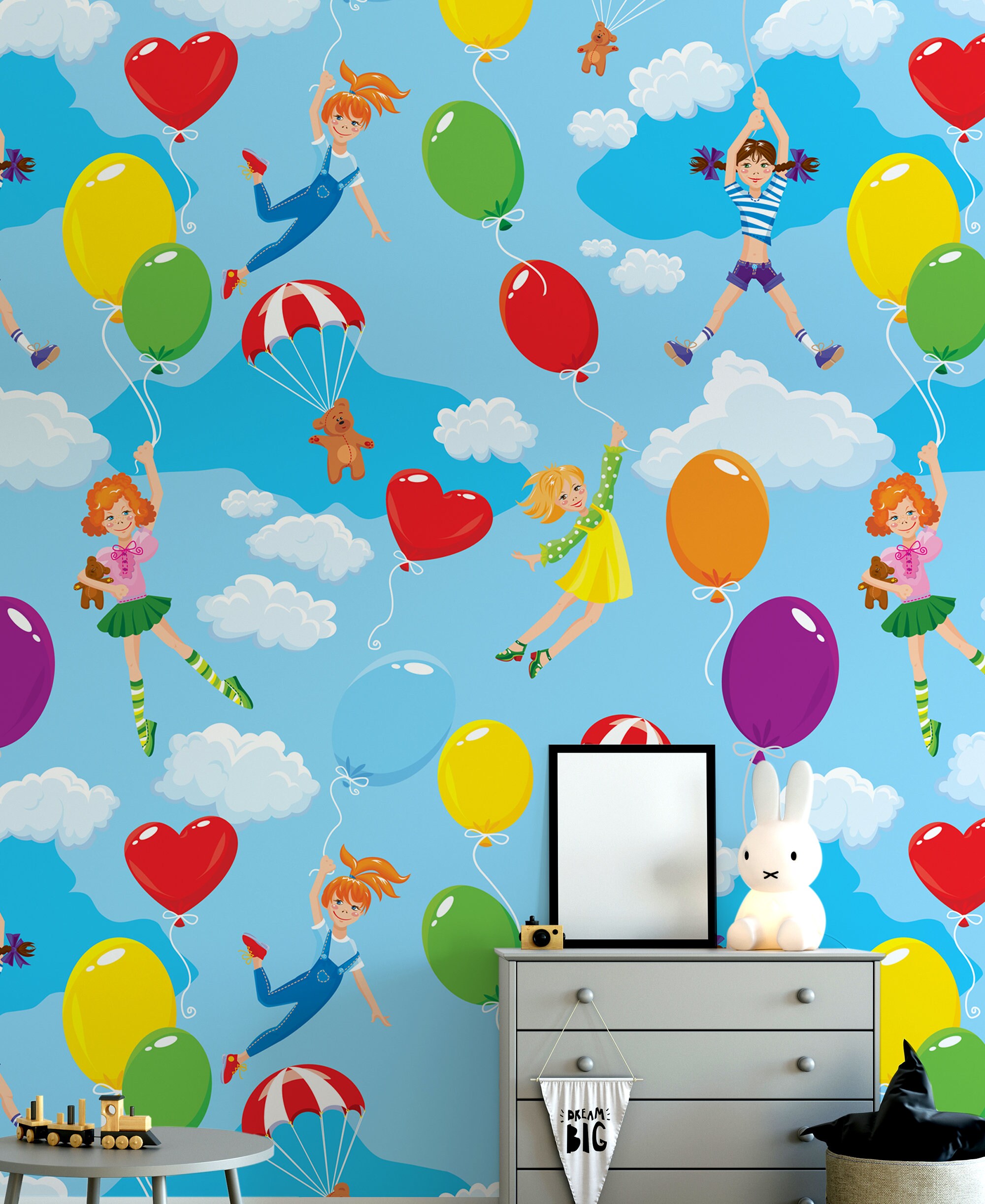 Blue Abstract Wallpaper With Girls and Balloons for Kids | Etsy