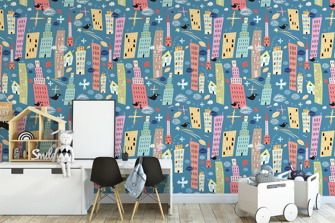 Blue Wallpaper With Colorful Cartoon Buildings || for Kids, Self ...