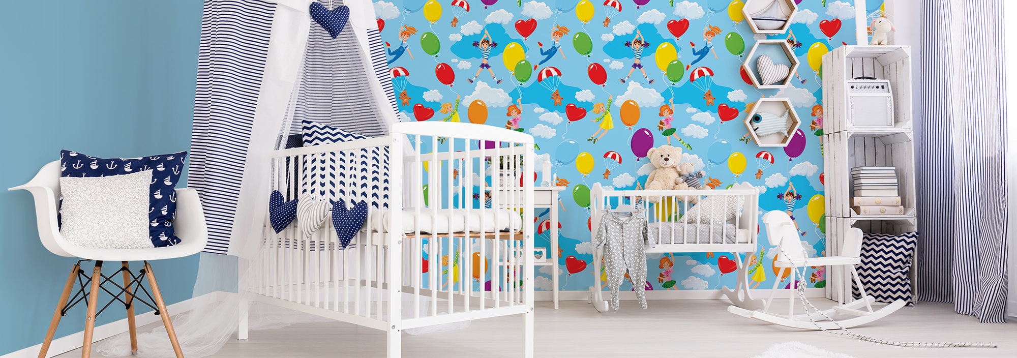 Blue Abstract Wallpaper With Girls and Balloons for Kids | Etsy