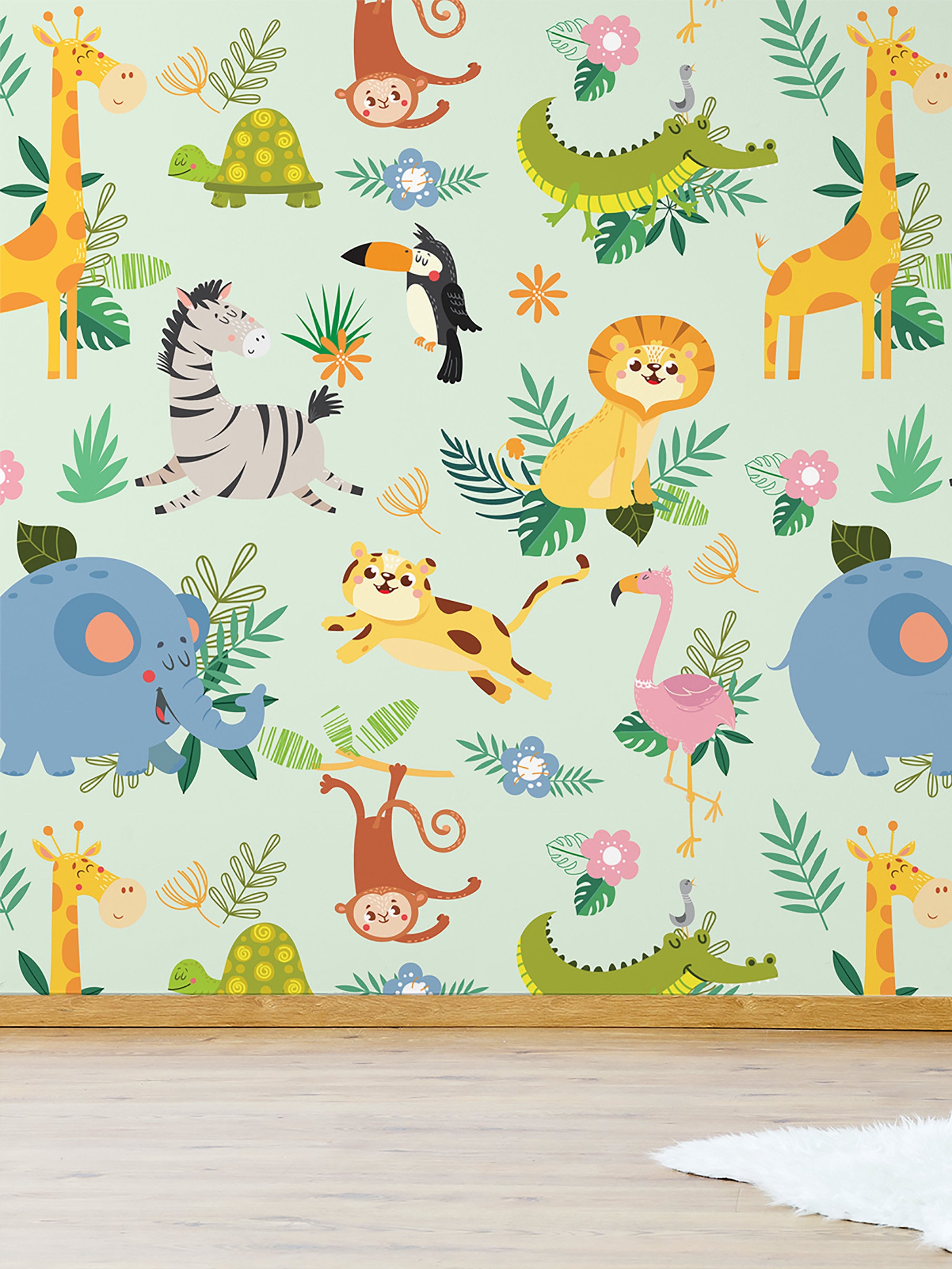 Green Wallpaper With Wild Animals Pattern for Kids Self | Etsy