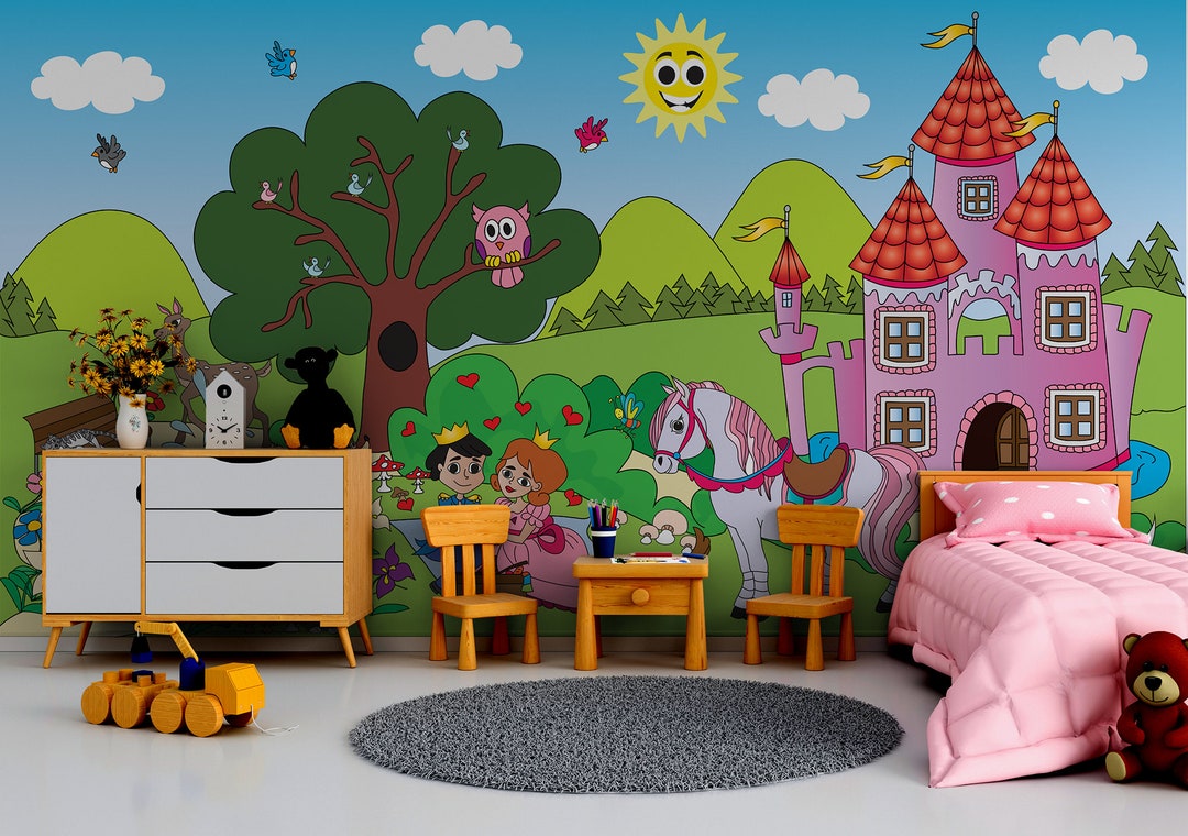 Cartoon Wallpaper With Castle, Horse, Prince and Princess, for Kids ...