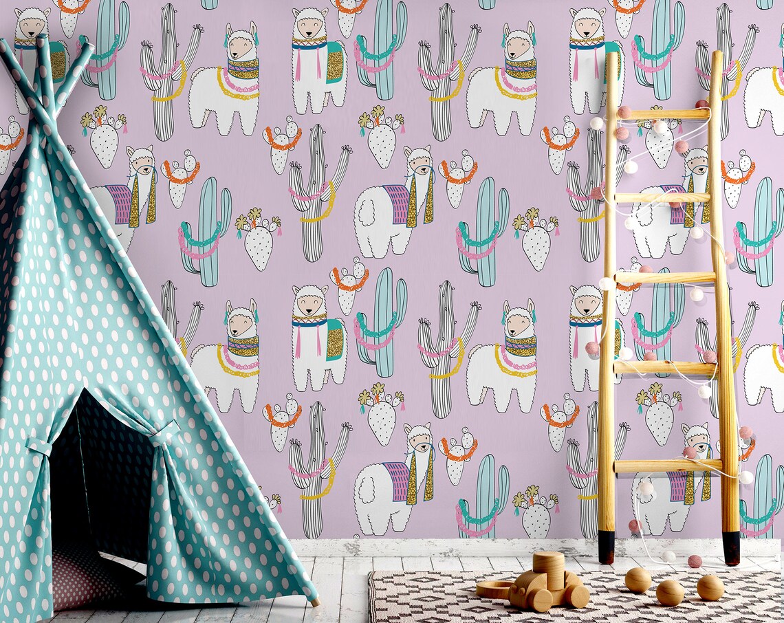 Lilac Wallpaper With Alpacas and Cactuses || for Kids, Self Adhesive ...