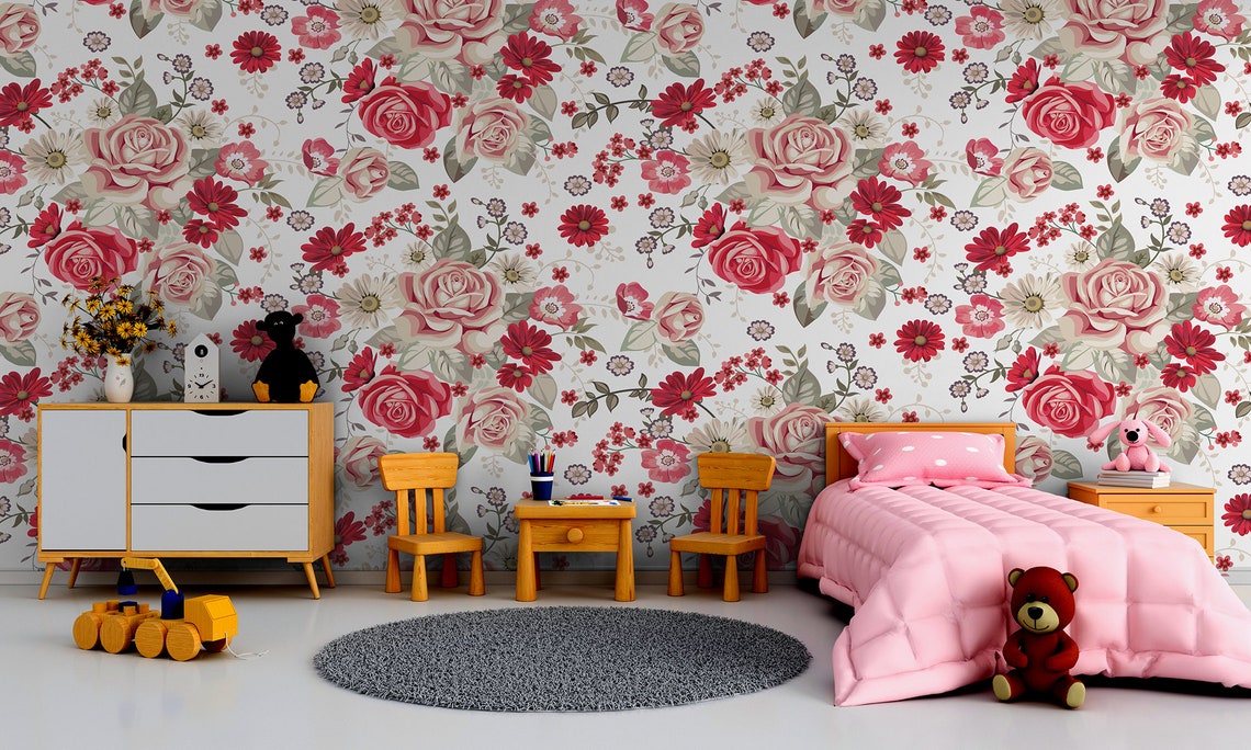 Pink and Red Rose Pattern Wallpaper || for Kids, Self Adhesive, Peel ...
