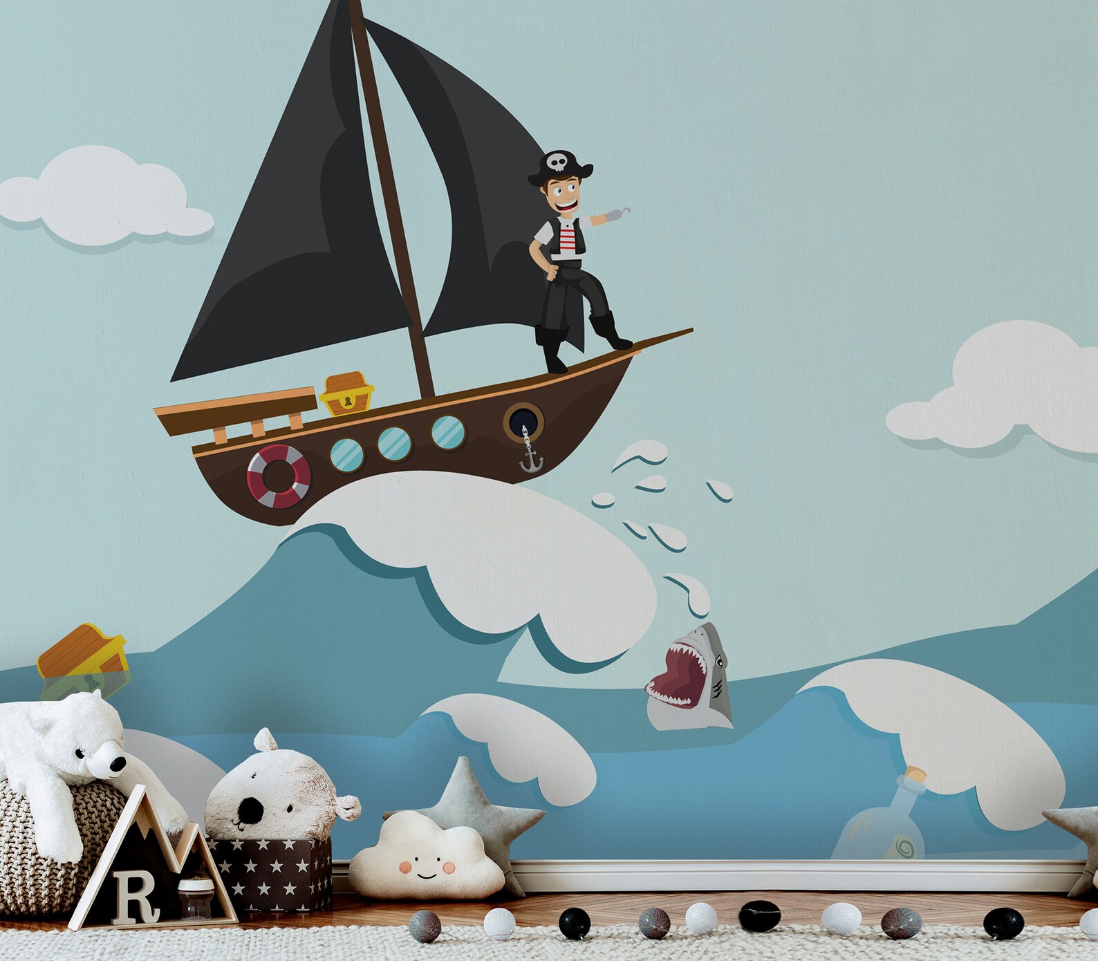 Cartoon Wallpaper With Pirate Ship on Sea || for Kids, Self Adhesive ...