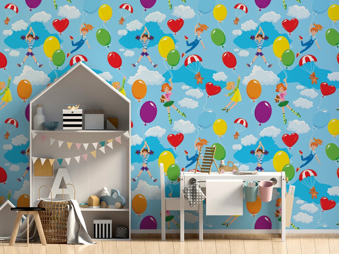 Blue Abstract Wallpaper With Girls and Balloons for Kids | Etsy
