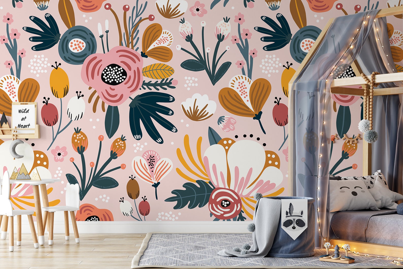 Pink Cartoon Wallpaper With Flower Pattern for Kids Self - Etsy