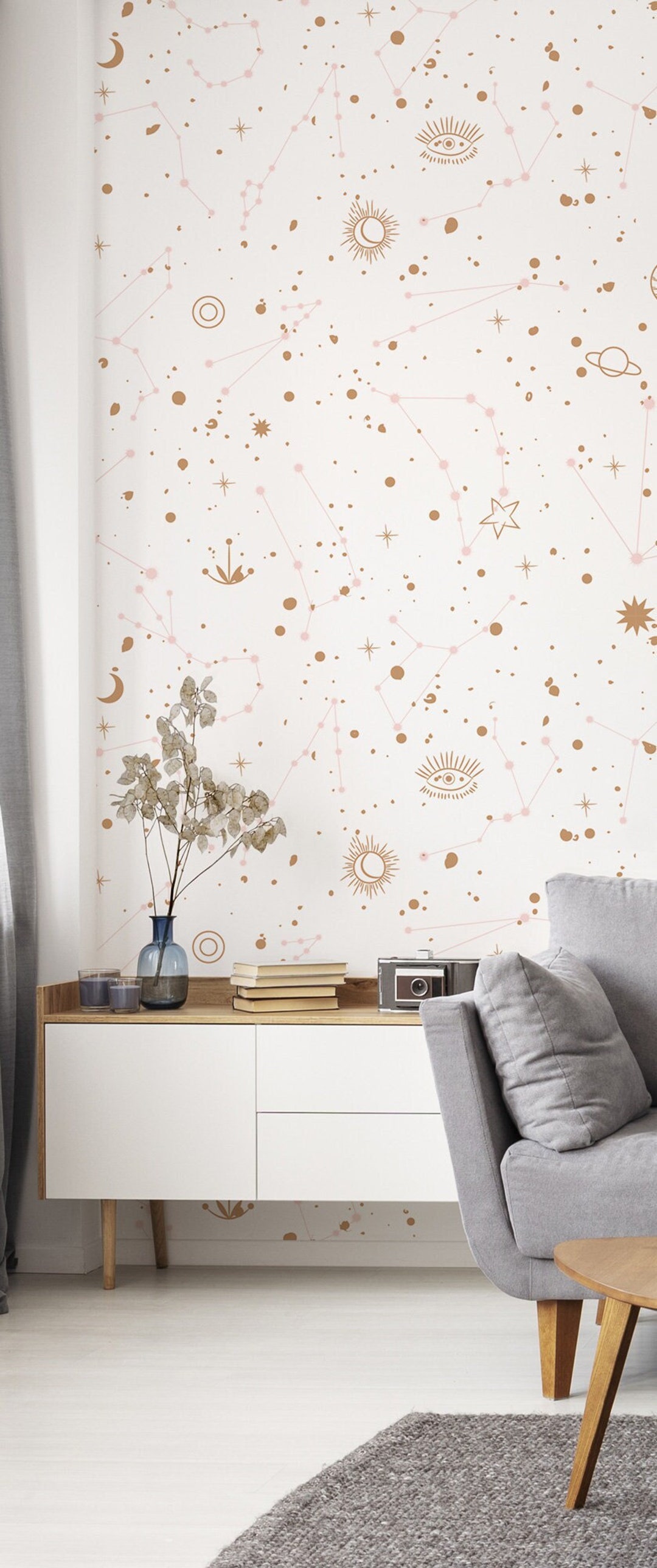 White Celestial Pattern Wallpaper, Planets, Stars & Constellations ...