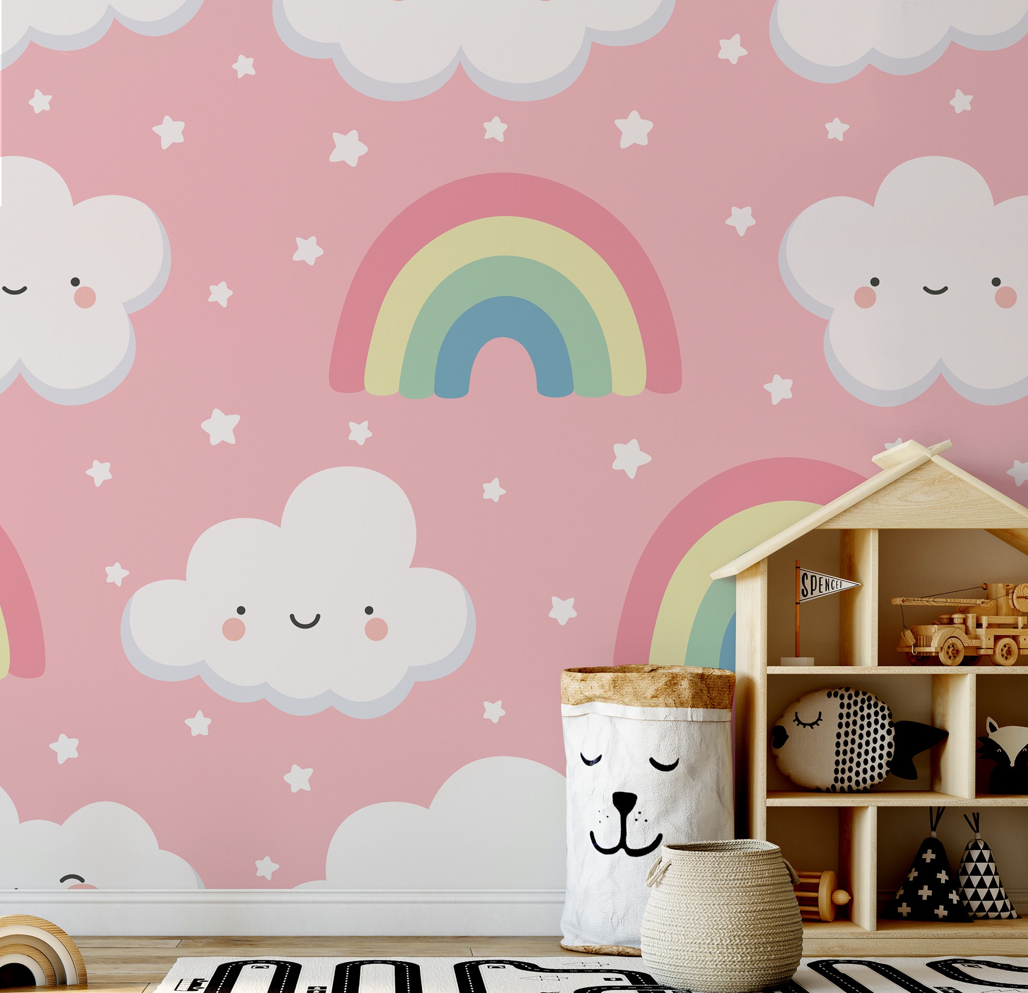 Pink wallpaper with clouds and rainbows For Kids self - Etsy Polska
