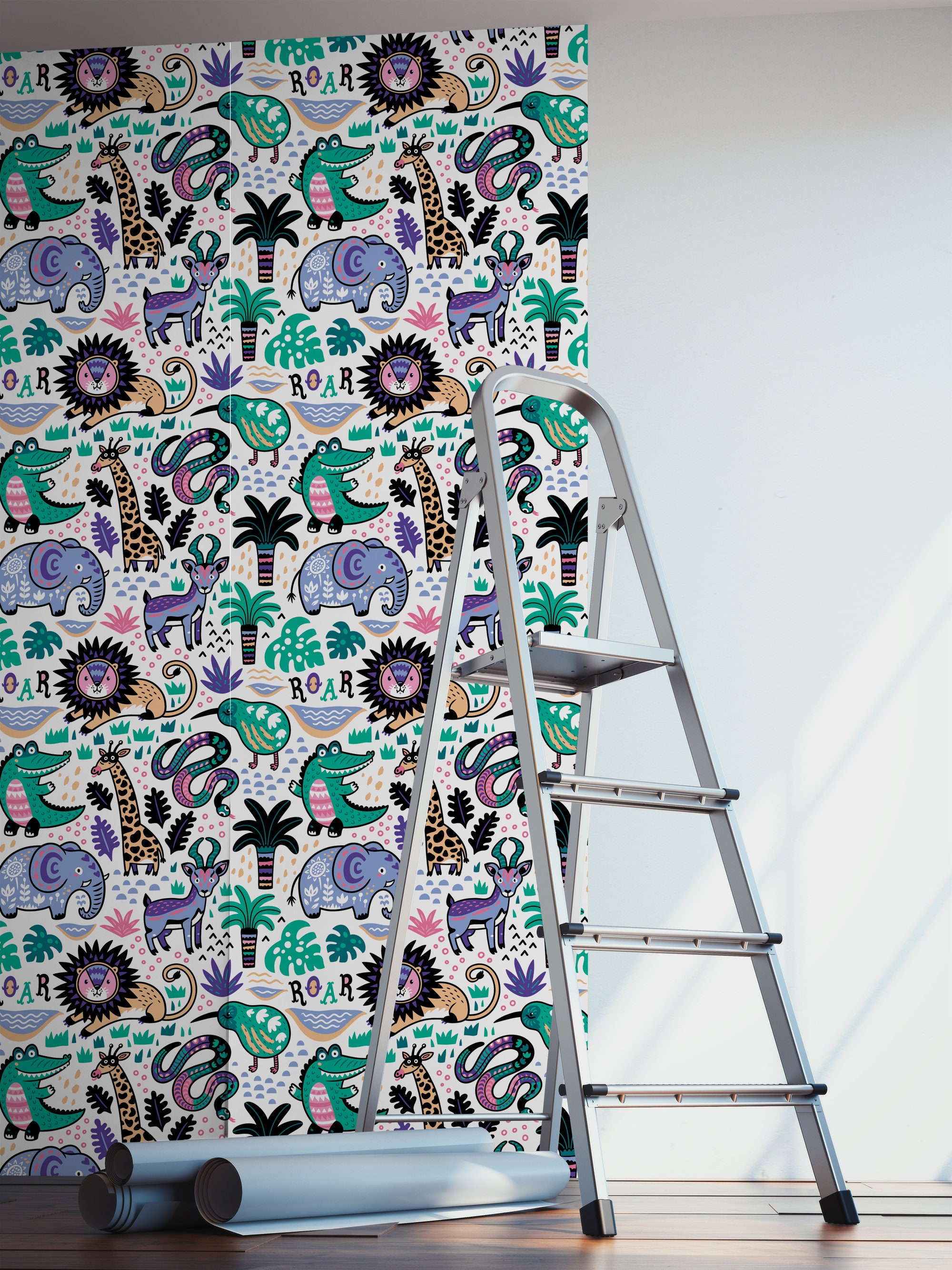 Cartoon Wallpaper With Small Tropical Animals and Plants - Etsy