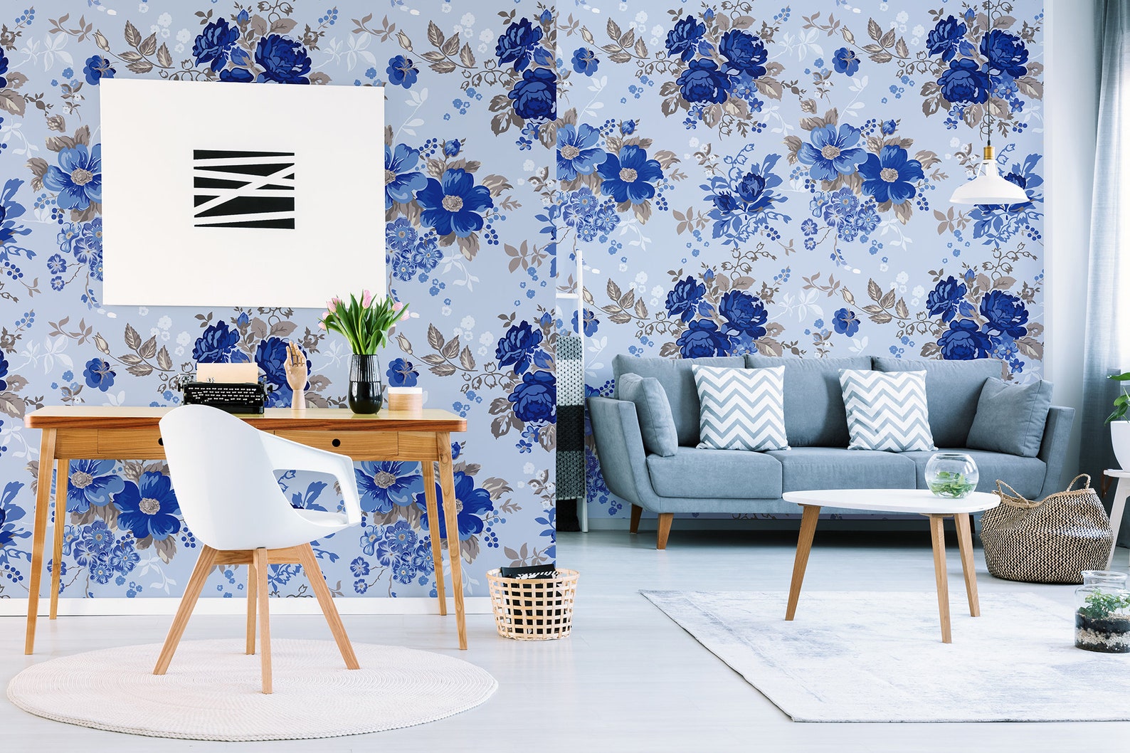 Blue Vintage Floral Wallpaper Botanical Wallpaper Self - Etsy