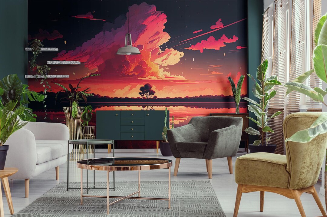 Warm Landscape Wallpaper, Tree and Sunset Manga Style Wall Mural • Peel ...