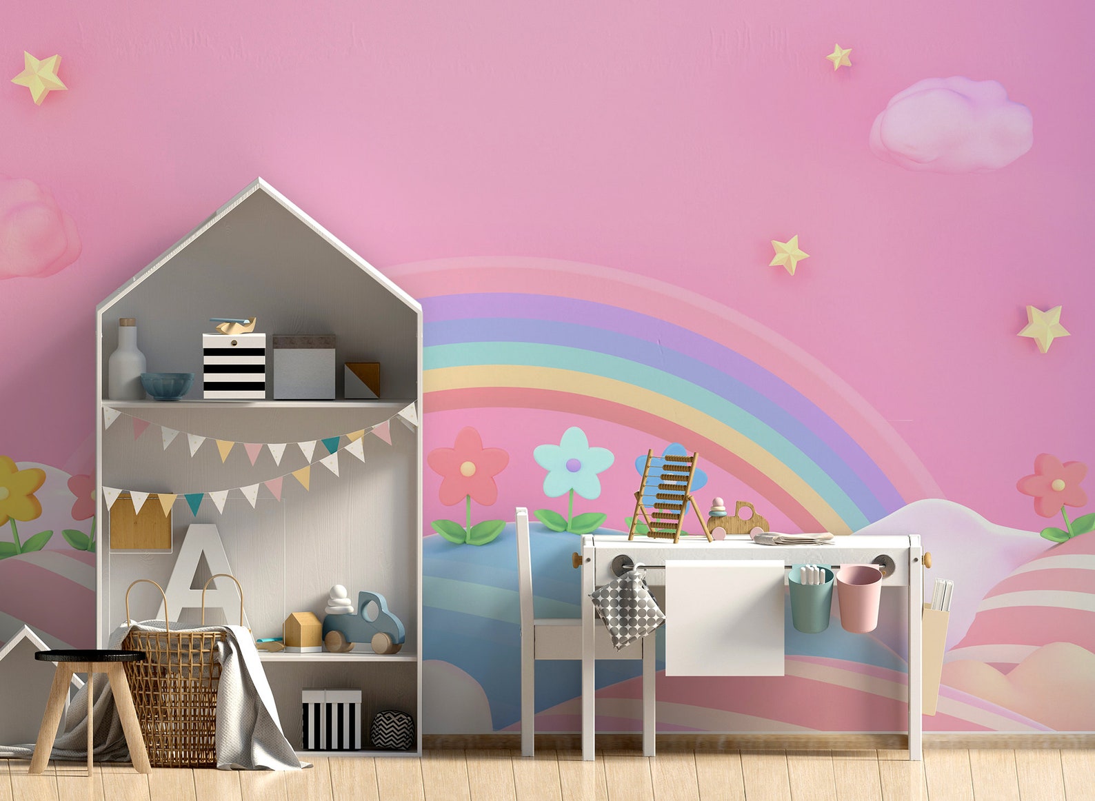 Pink Wallpaper With Rainbow and Flowers for Kids Self | Etsy