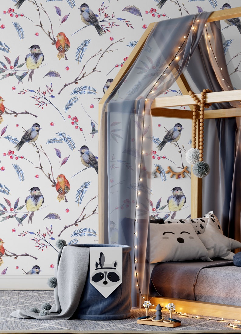 Watercolor Wallpaper With Blue and Red Bird Pattern for - Etsy