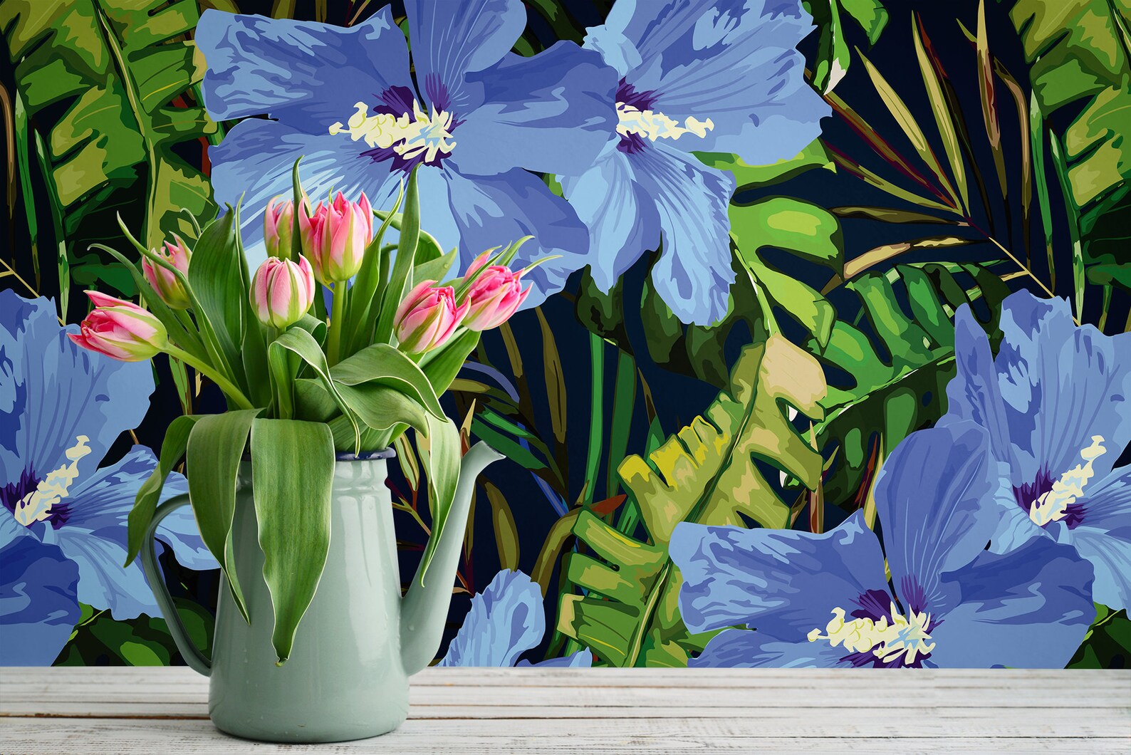 Tropical Blue Flower Pattern Wallpaper Peel and Stick - Etsy
