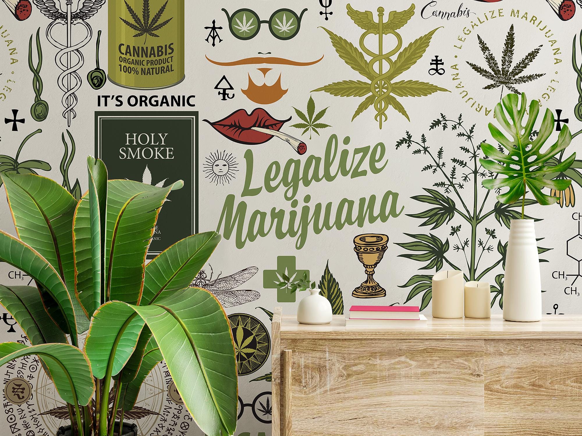 Vintage Wallpaper With Marijuana Leaves, Herbs and Symbols || Self ...