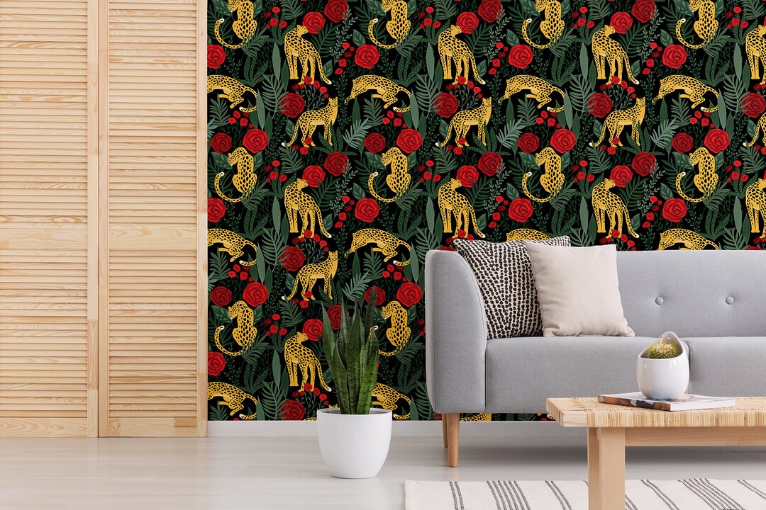 Wallpaper With Green Leaves, Leopards and Red Roses, Self Adhesive ...