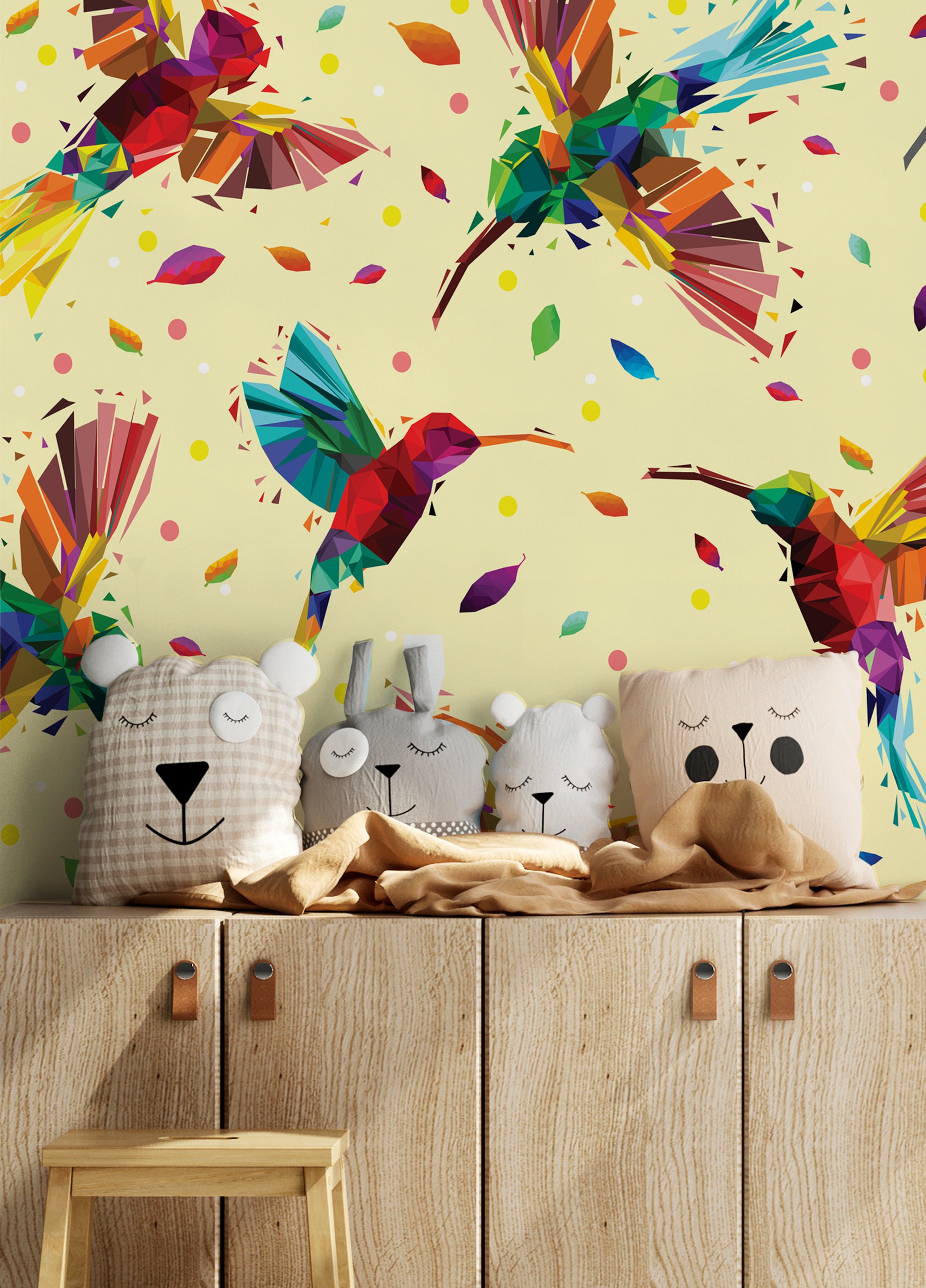 Wallpaper With Abstract Colorful Humming Birds, for Kids, Self Adhesive ...