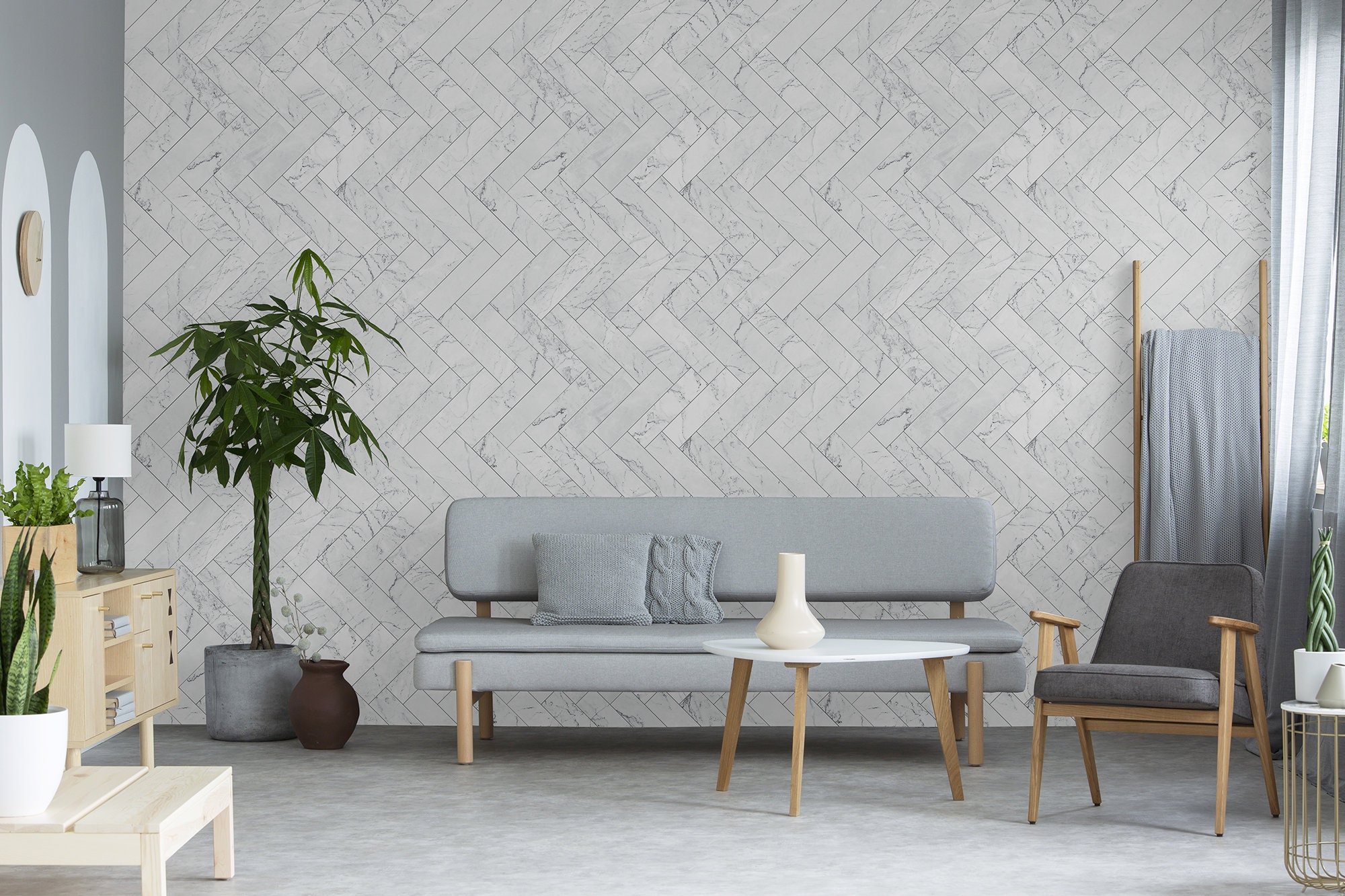 White Wallpaper With Geometric Linear Pattern, Self Adhesive, Peel and ...