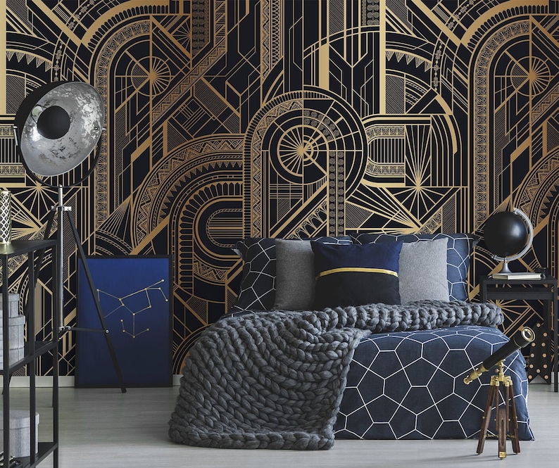 Dark and Yellow Matte Geometric Art Deco Pattern Wallpaper no - Etsy