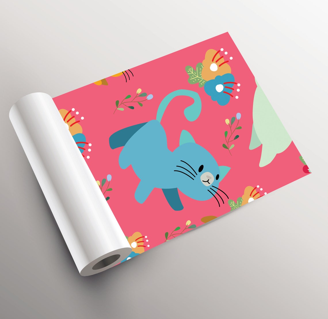 Vivid Pink Wallpaper With Colorful Cute Cat Pattern for - Etsy
