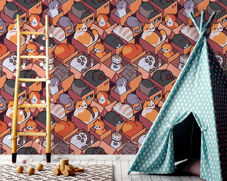 Cartoon Wallpaper With Cute Cats in Boxes Wallpaper for Kids - Etsy